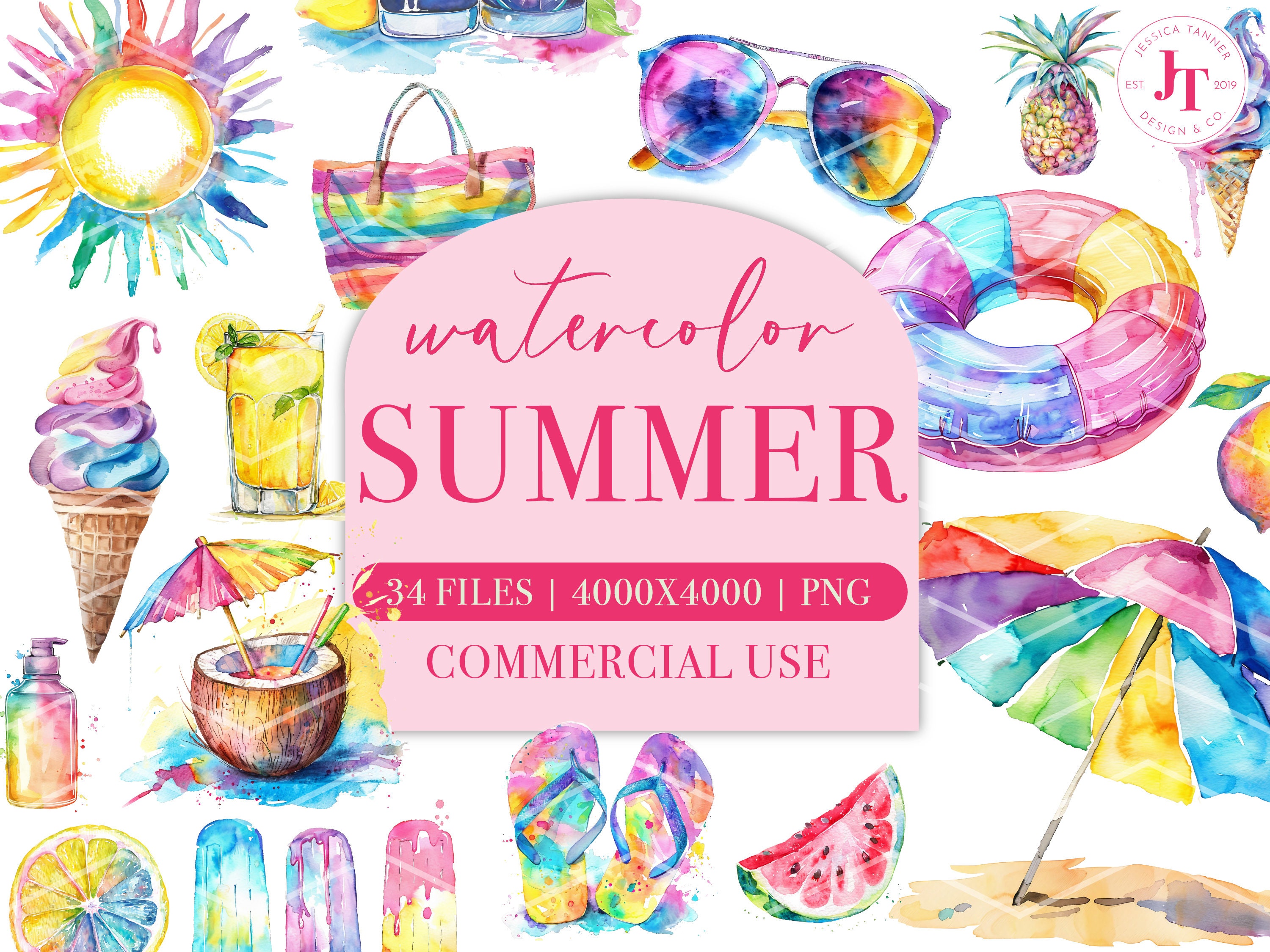 Summer Watercolor Clipart Bundle, 34 PNG Illustrations, Ice Cream ...
