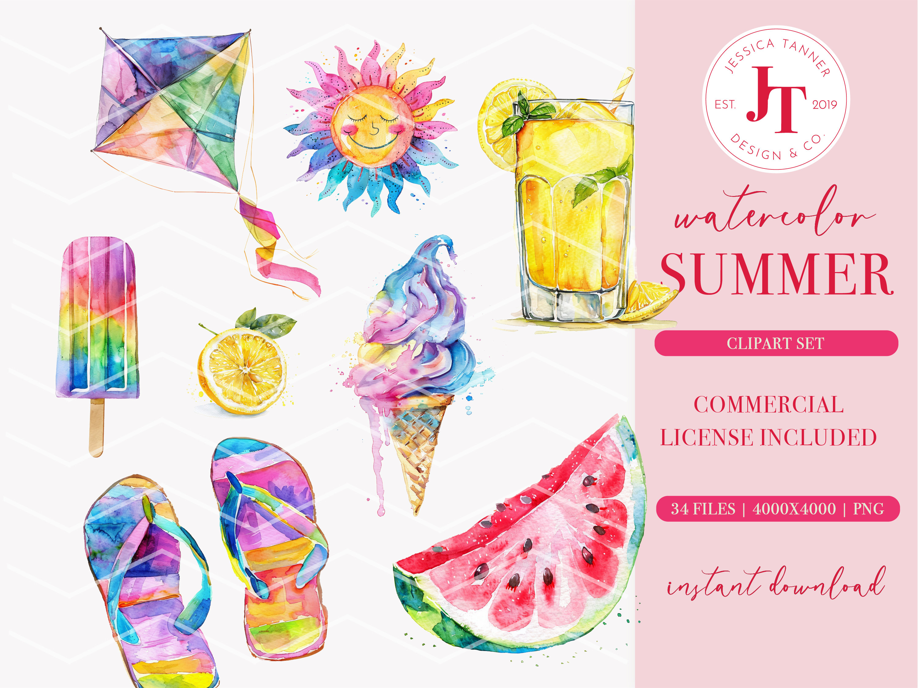 Summer Watercolor Clipart Bundle, 34 PNG Illustrations, Ice Cream ...