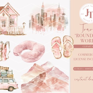 Pink Watercolor Travel Aesthetic Clipart, Girly Travel Around the World ...