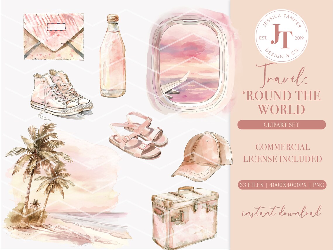 Pink Watercolor Travel Aesthetic Clipart, Girly Travel Around the World ...