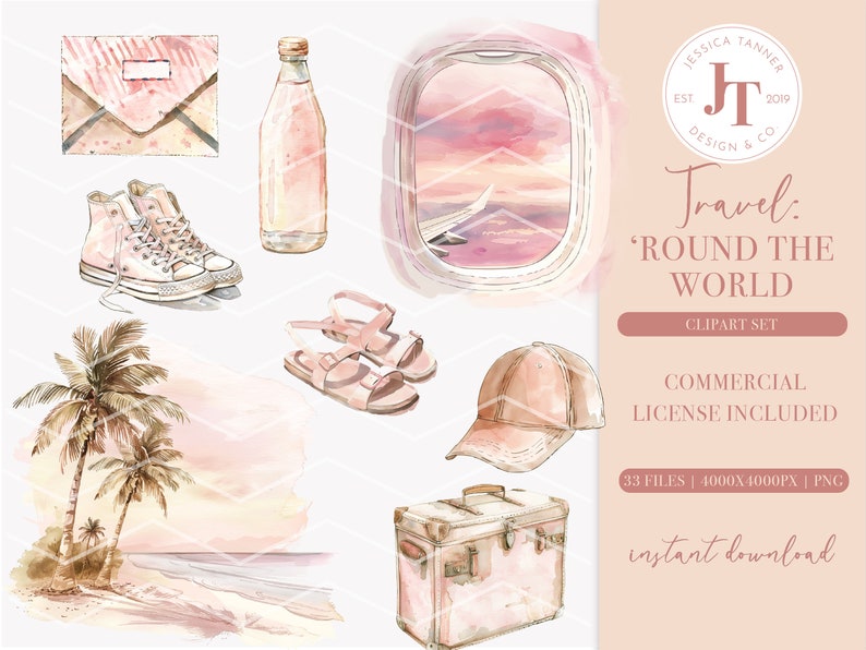Pink Watercolor Travel Aesthetic Clipart, Girly Travel Around the World ...