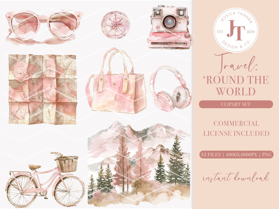 Pink Watercolor Travel Aesthetic Clipart, Girly Travel Around the World ...