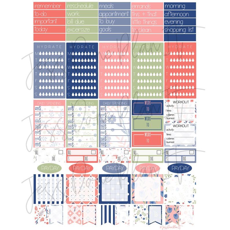 Blue Floral Digital Sticker Pack Planner Stickers Flower - Etsy