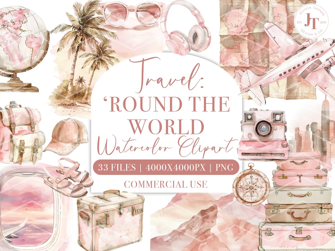 Pink Watercolor Travel Aesthetic Clipart, Girly Travel Around the World ...