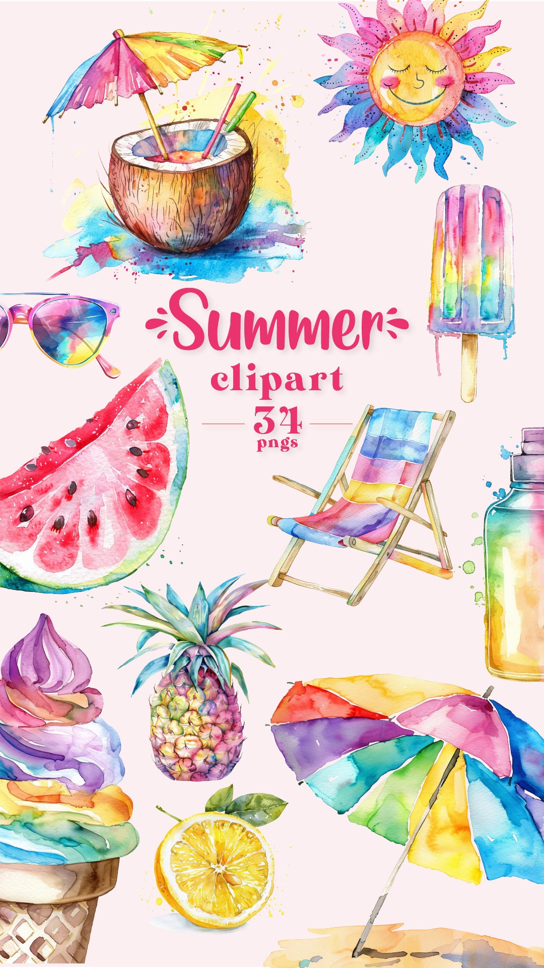 Summer Watercolor Clipart Bundle, 34 PNG Illustrations, Ice Cream ...