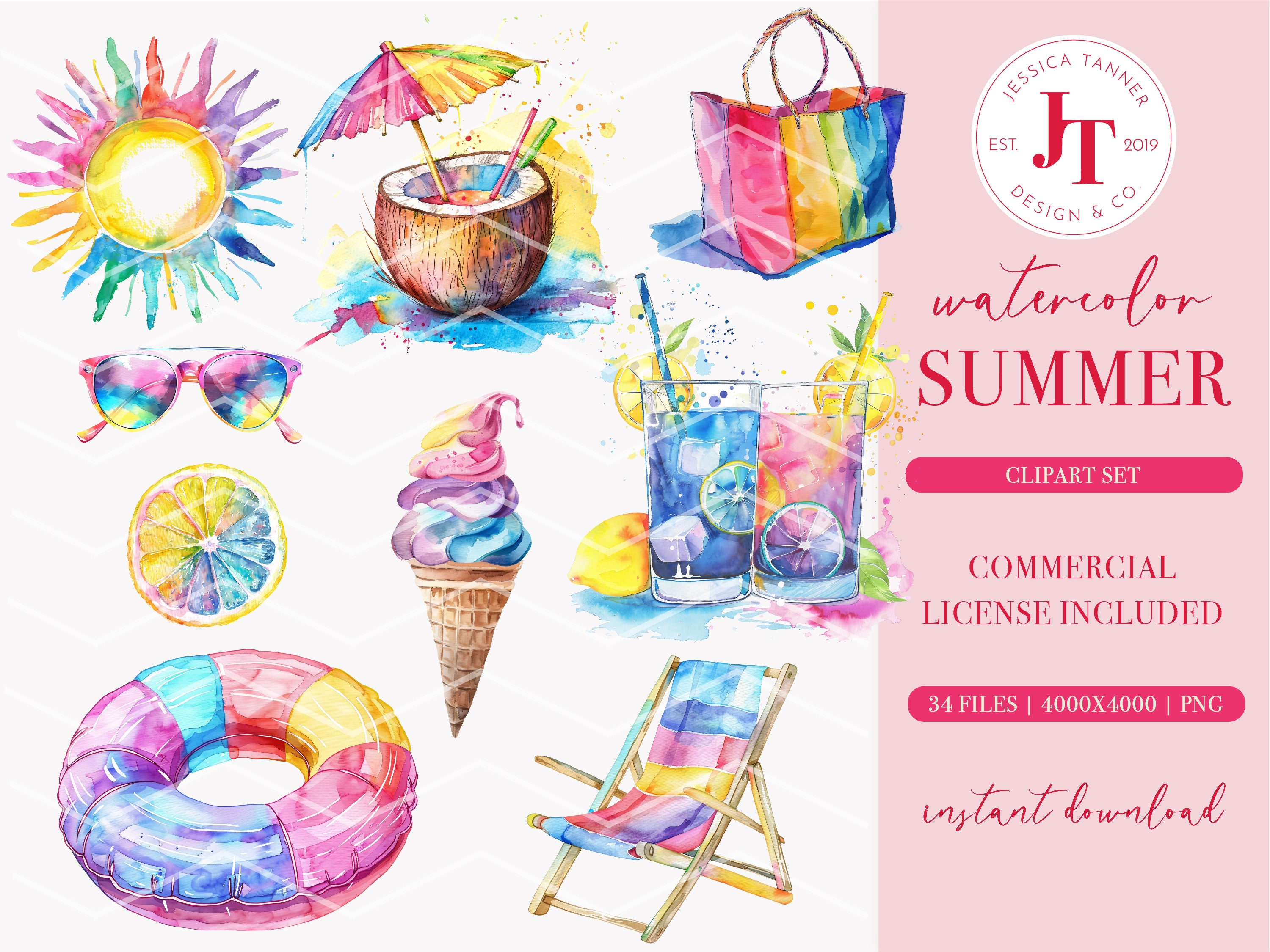 Summer Watercolor Clipart Bundle, 34 PNG Illustrations, Ice Cream ...