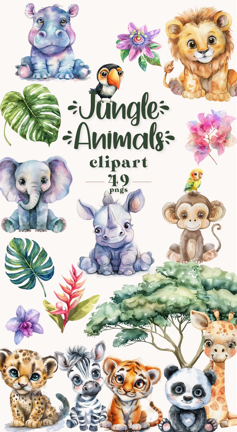 Adorable Baby Jungle Animals Clipart Set, Pastel Watercolor Graphics ...