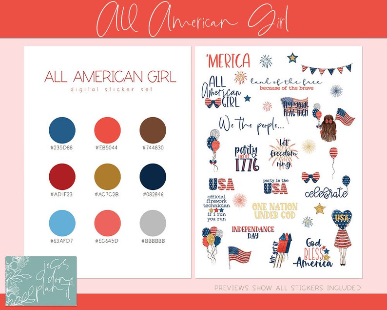 All American Girl Digital Planning Stickers | 4th of July | 600 ...