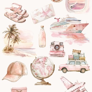 Pink Watercolor Travel Aesthetic Clipart, Girly Travel Around the World ...
