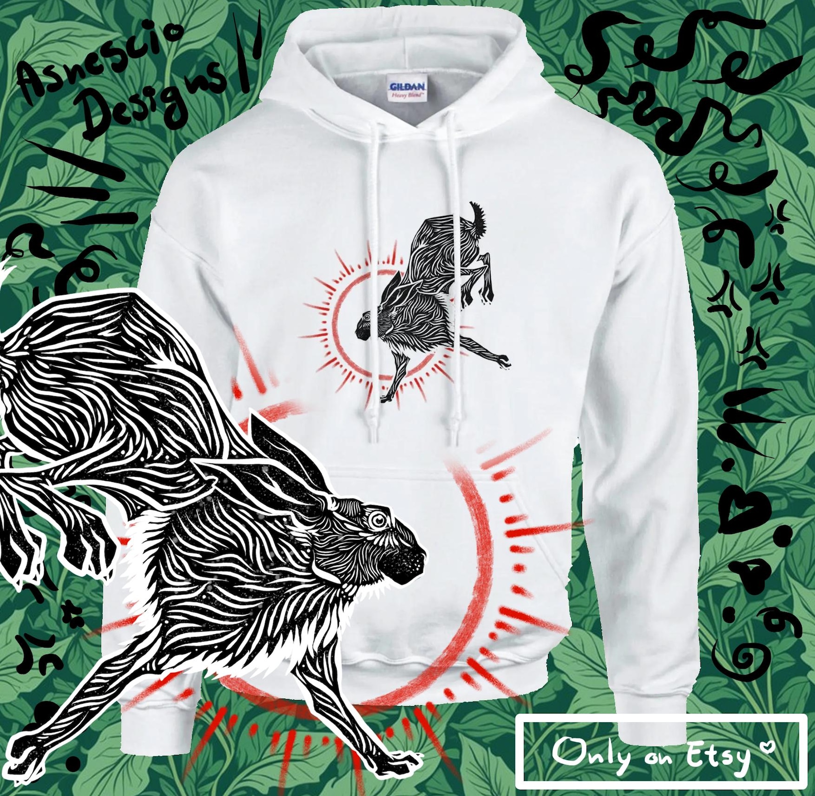 Running Wild Hare Cryptid Hoodie With Woodcut Print Style Print Design ...