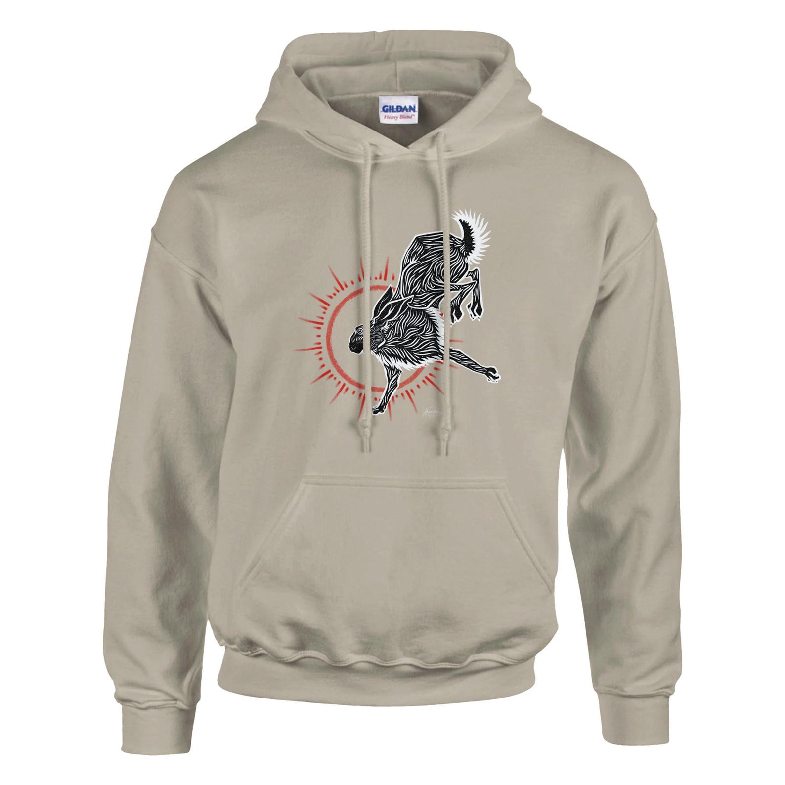 Running Wild Hare Cryptid Hoodie With Woodcut Print Style Print Design ...