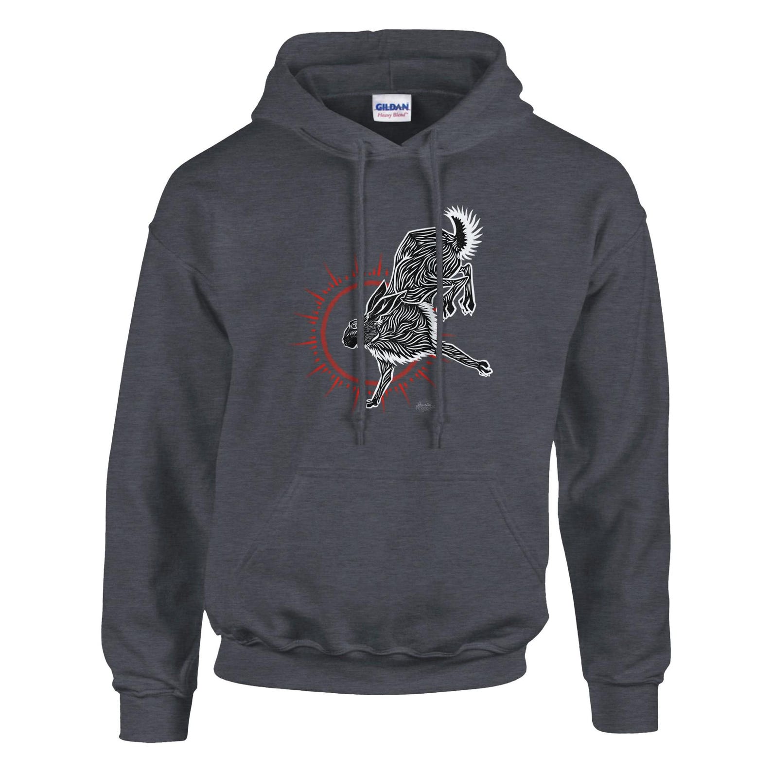 Running Wild Hare Cryptid Hoodie With Woodcut Print Style Print Design ...