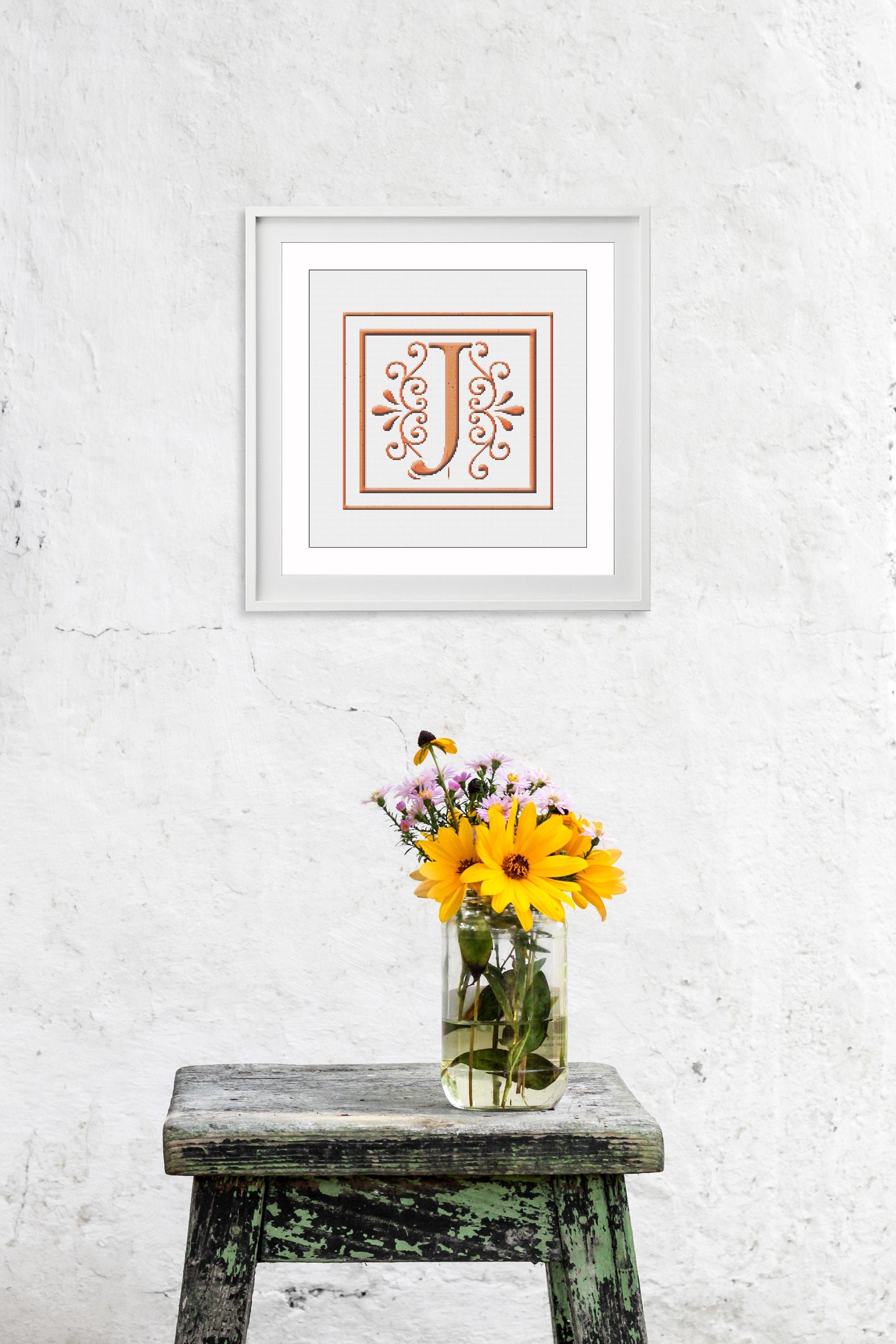 Ornamental Drop Cap Letter J Pattern - Orange Stained Glass J ...