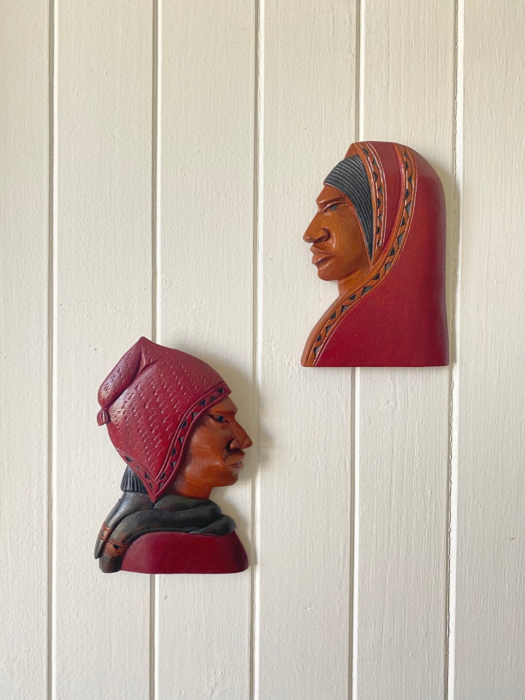 Peruvian Wall Art Pair Carved Wooden Face Sculptures Wood Wall Plaques ...