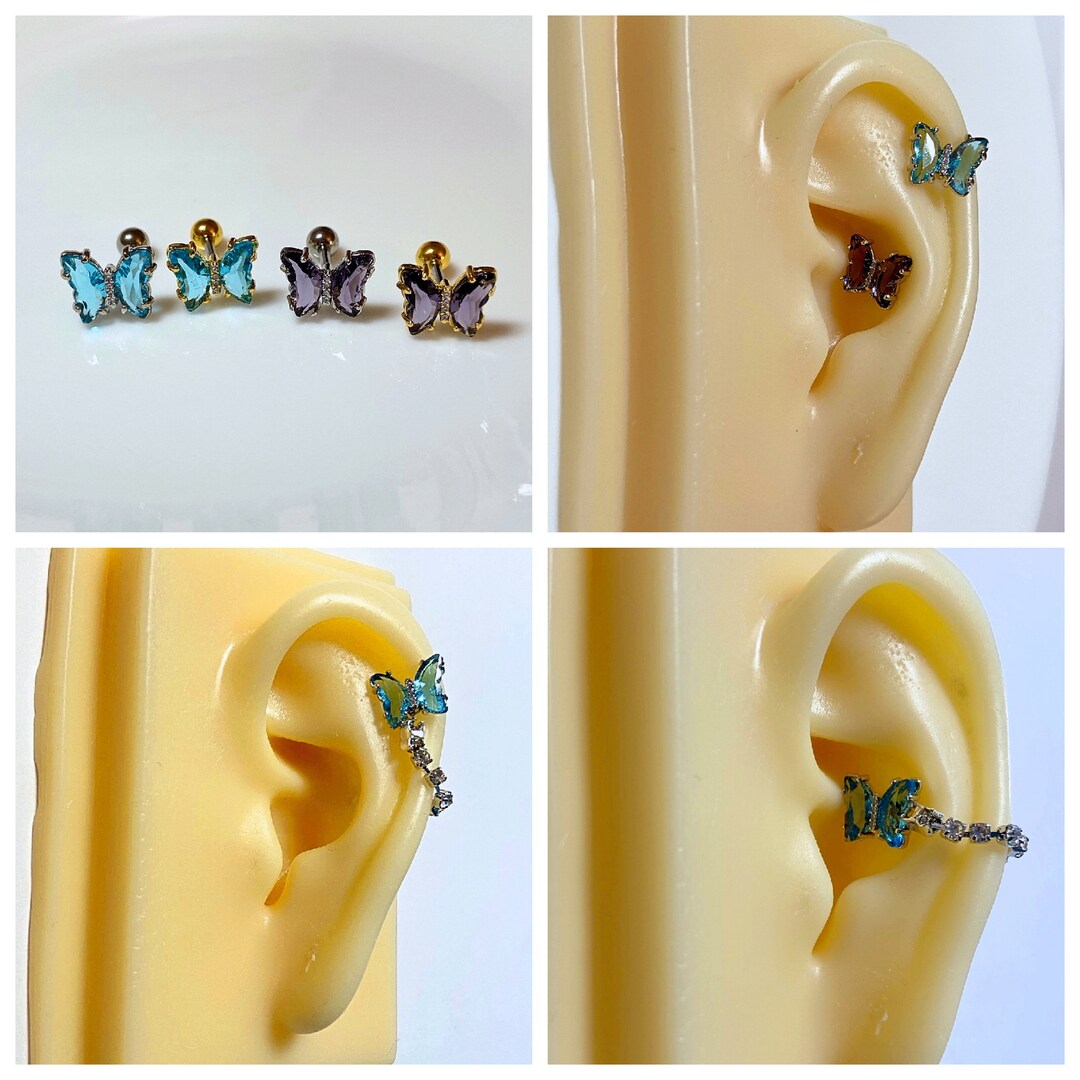 Sky Blue and Purple Butterfly Ear Cartilage Screw Back Piercing, 16g ...