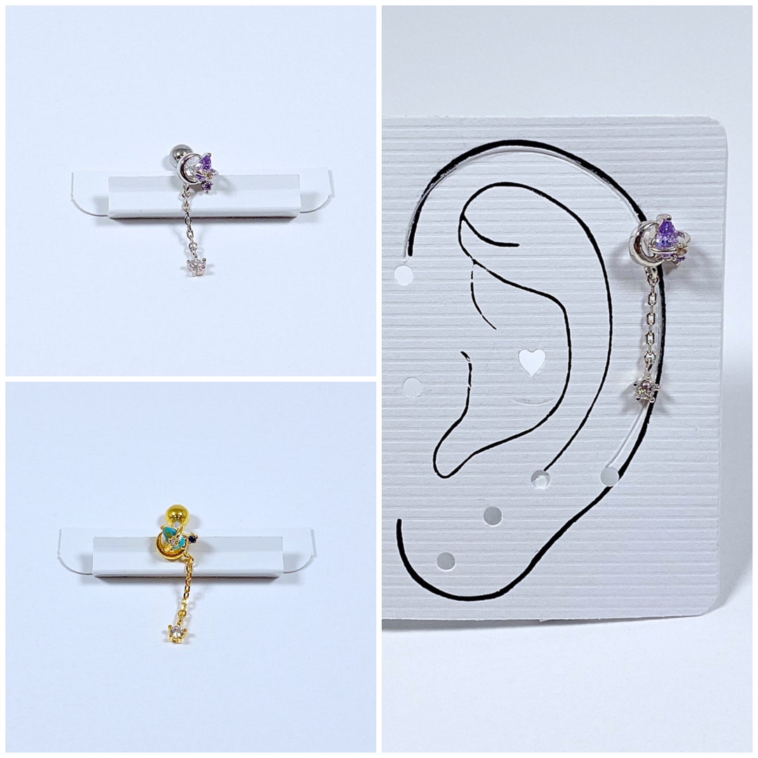 16g Small Moon Planet Dangle Crystal CZ Silver and Gold Color Ear Cartilage, Helix, Earlobe Stud ...
