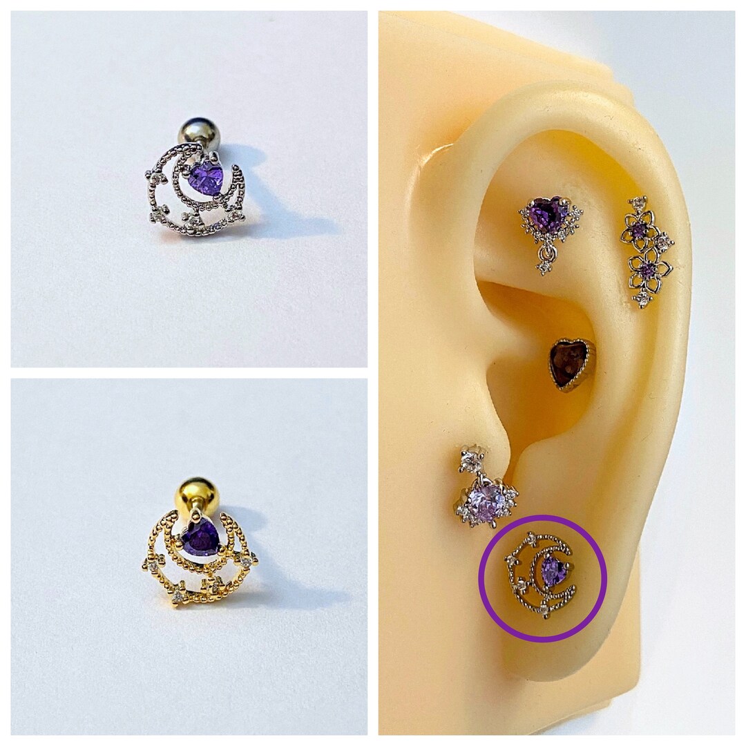 Purple Heart Moon Ear Cartilage, Helix, Earlobe Screw Back Piercing ...