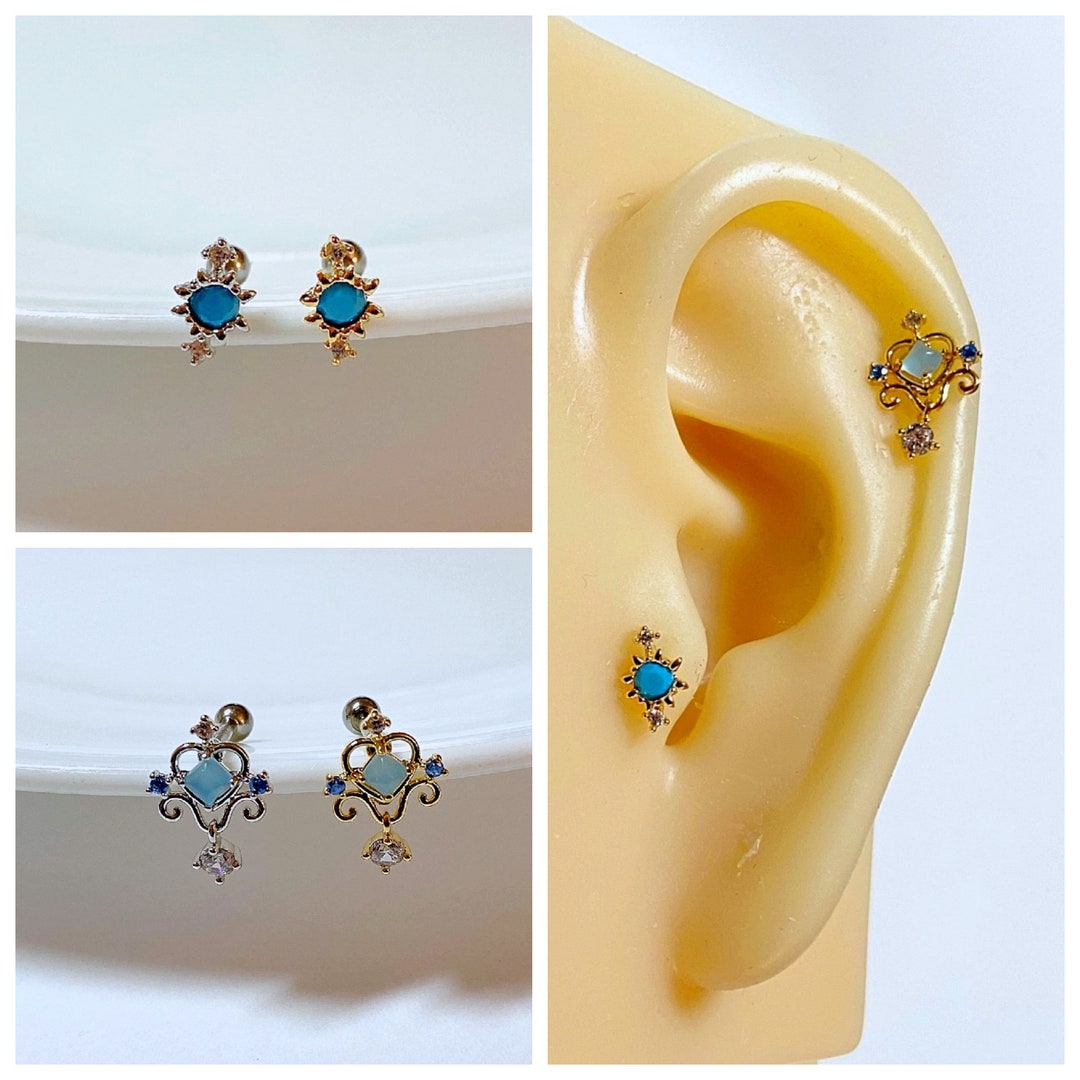 16g Sky Blue Ear Cartilage, Tragus, Conch, Earlobe Earring, Silver and ...