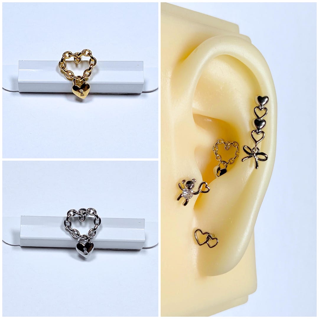 16g Chain Heart Shape Dangle Heart Lock Gold and Silver Color Ear ...
