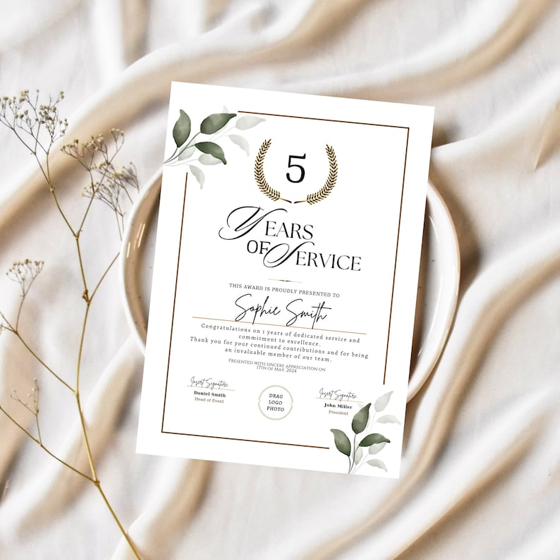 5 Years of Service Editable Award Certificate Retirement Gift for ...
