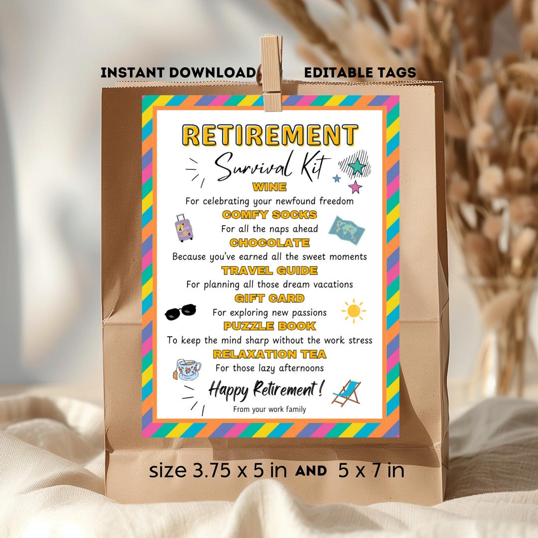 Editable Retirement Survival Kit Printable Gift Tag Treat Bag Staff ...