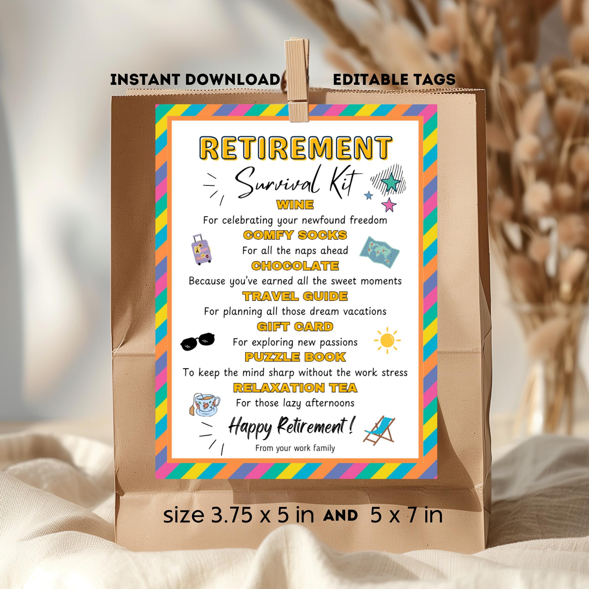 Editable Retirement Survival Kit Printable Gift Tag Treat Bag Staff ...