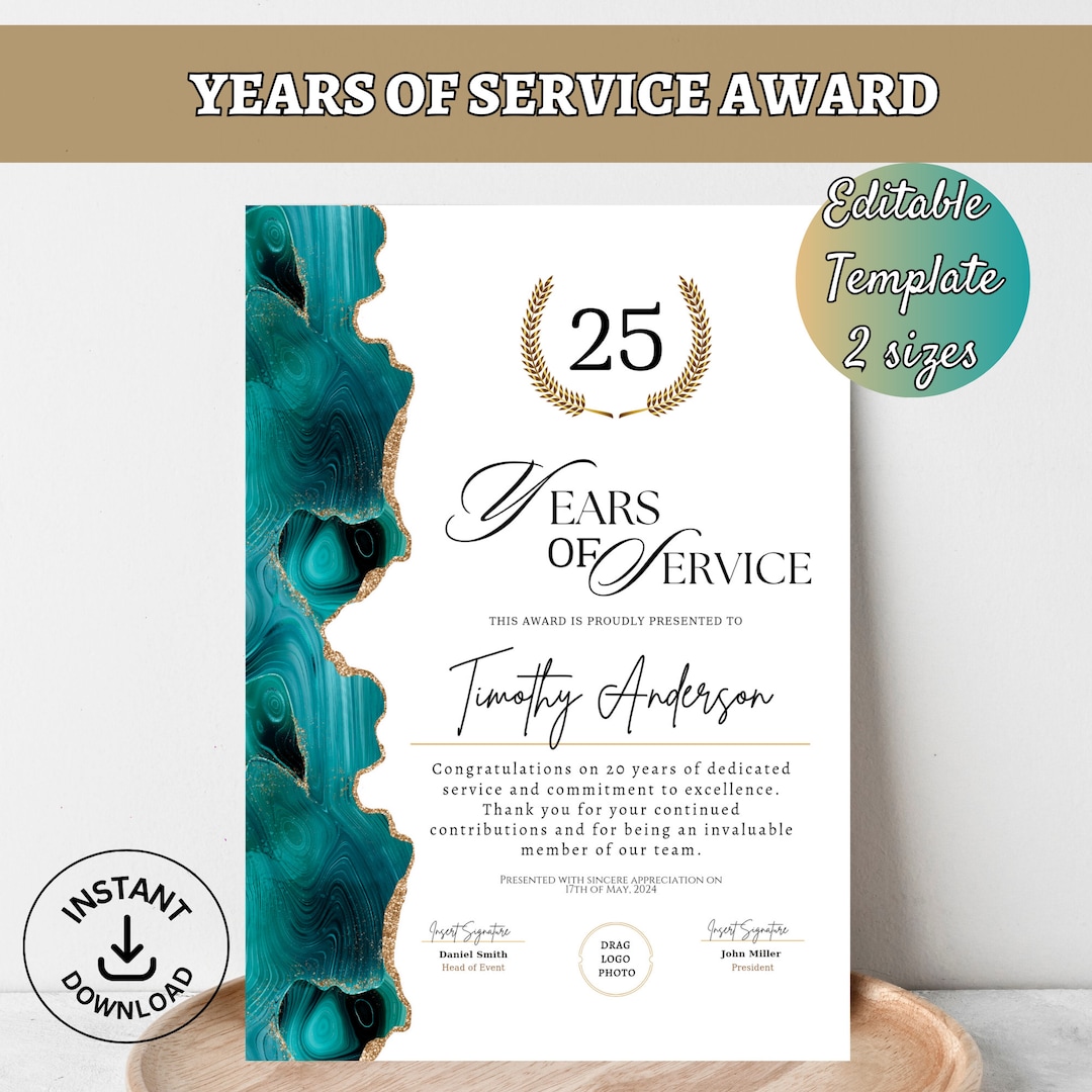 Editable Years of Service Award Certificate Template (digital Download ...