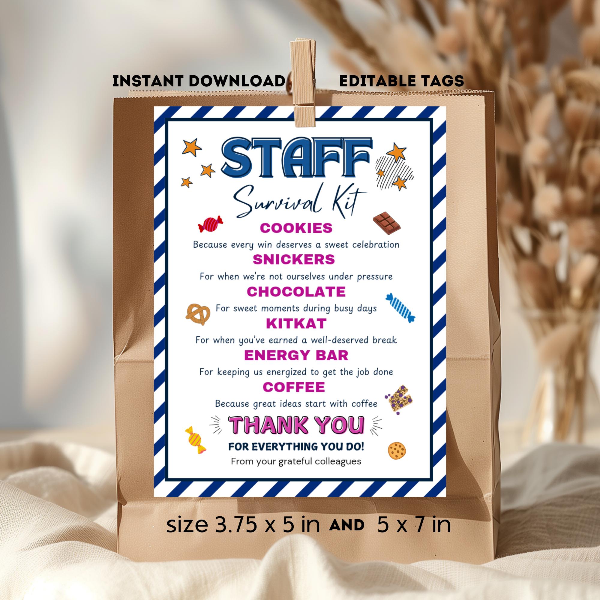 Funny Staff Survival Kit Tag Staff Appreciation Candy Tags Coworker ...