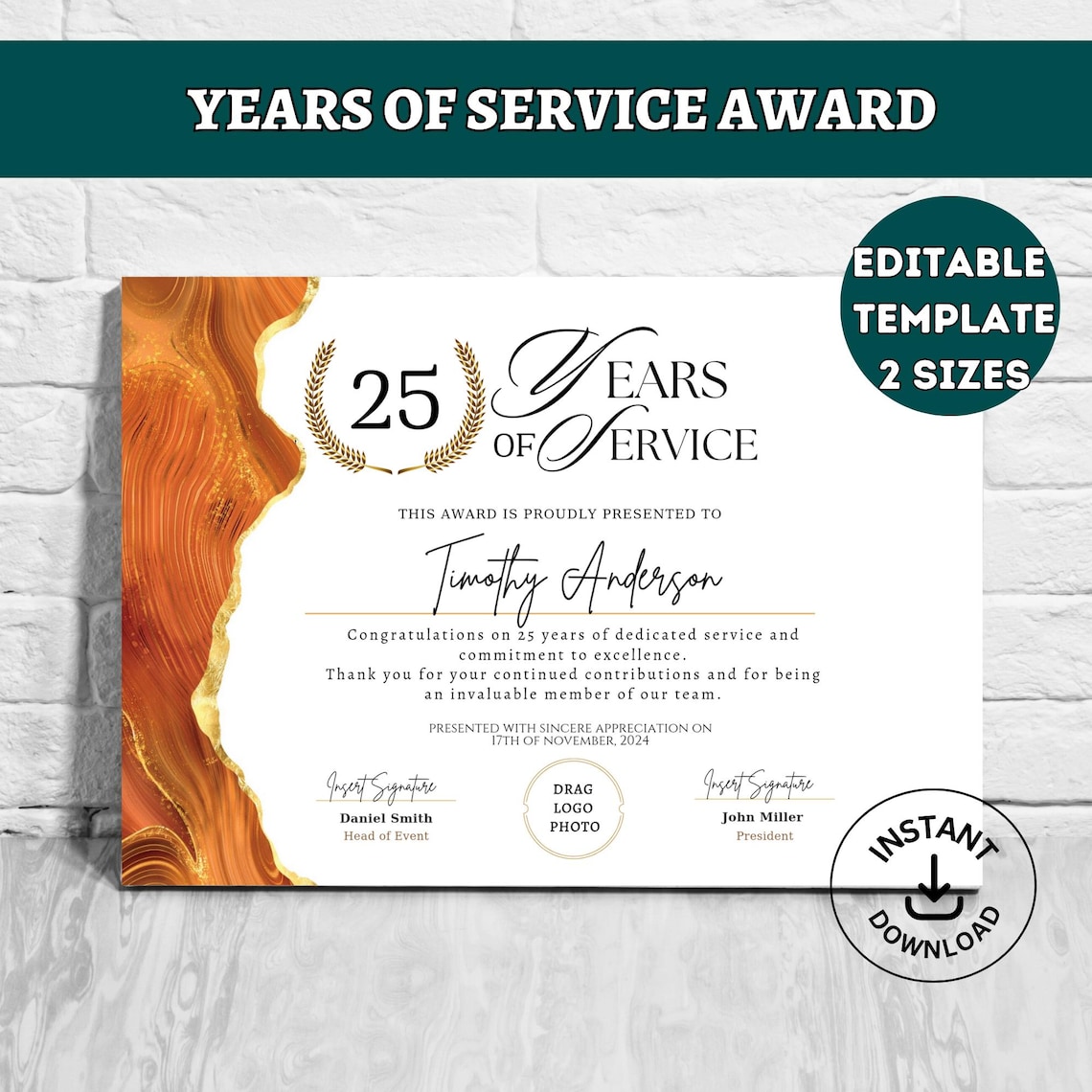 25 Years of Service Award Certificate for Employee Recognition Editable ...