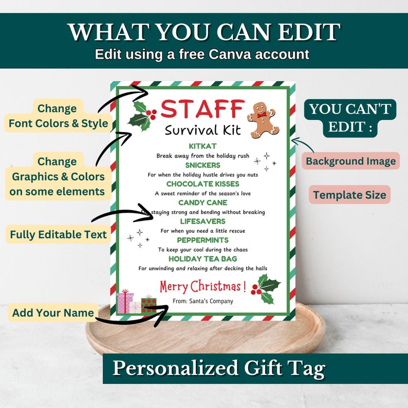 Staff Survival Kit Tag for Christmas Editable in Canva Staff ...