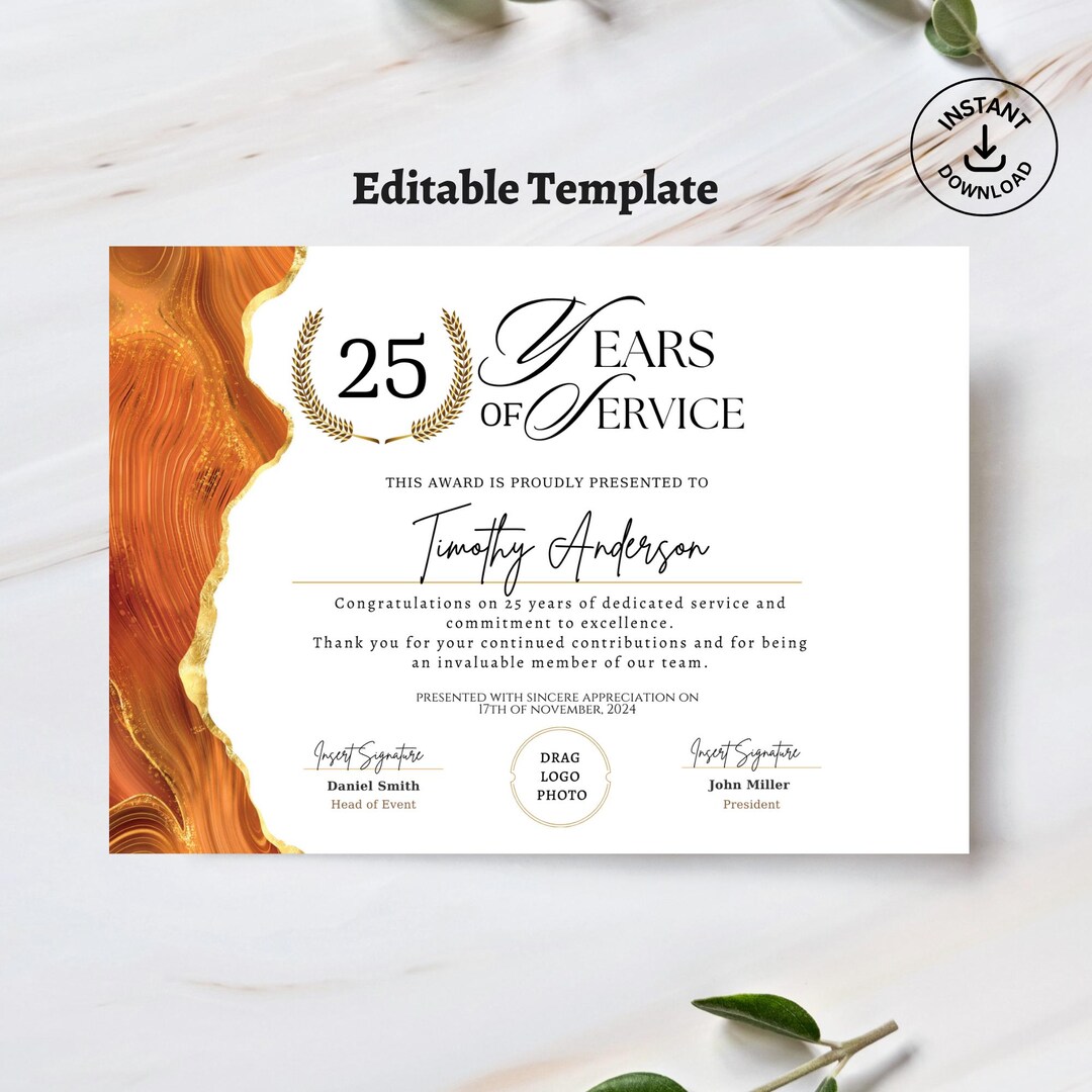 25 Years of Service Award Certificate for Employee Recognition Editable ...