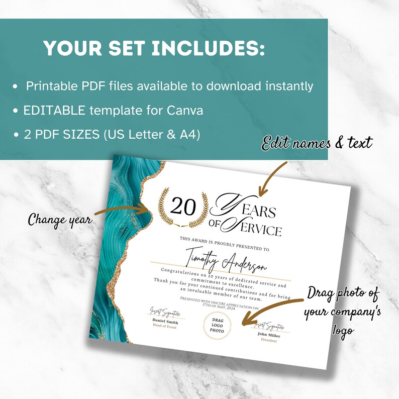 20 Years of Service Award Certificate Template Retirement Award ...