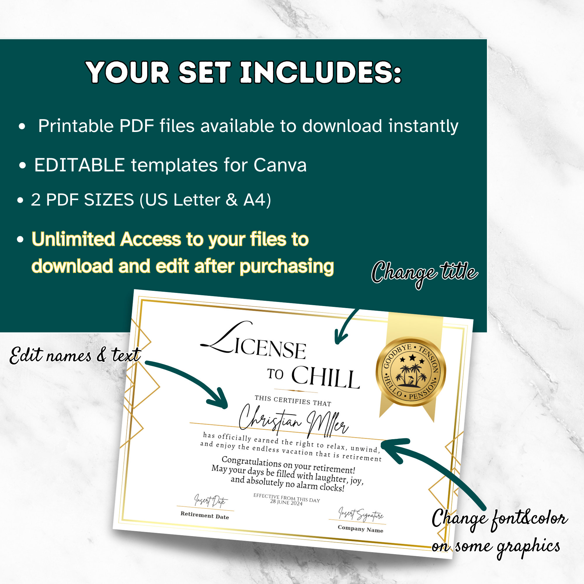 License to Chill Funny Retirement Certificate Editable Award Teacher ...