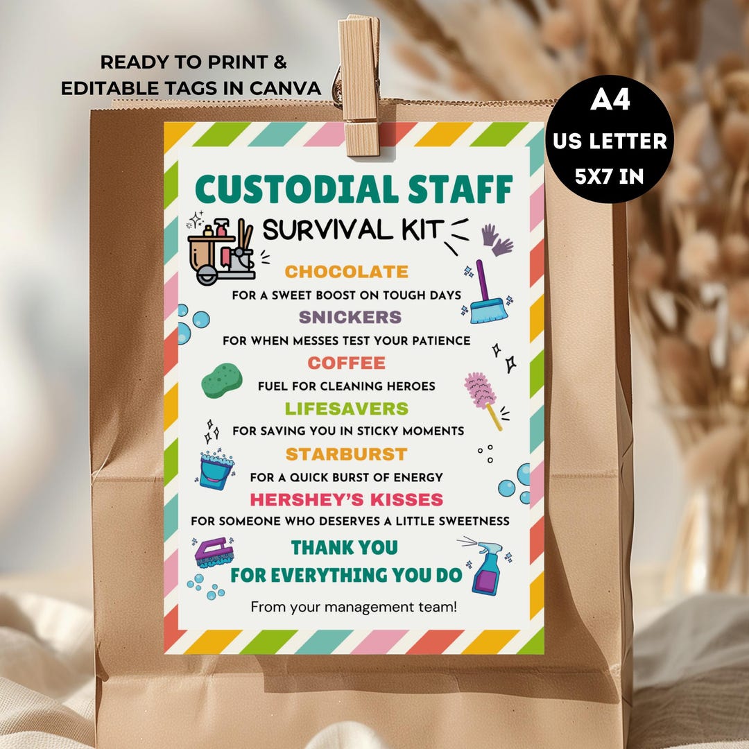 Editable Custodian Staff Survival Kit Tag School Custodian Day ...