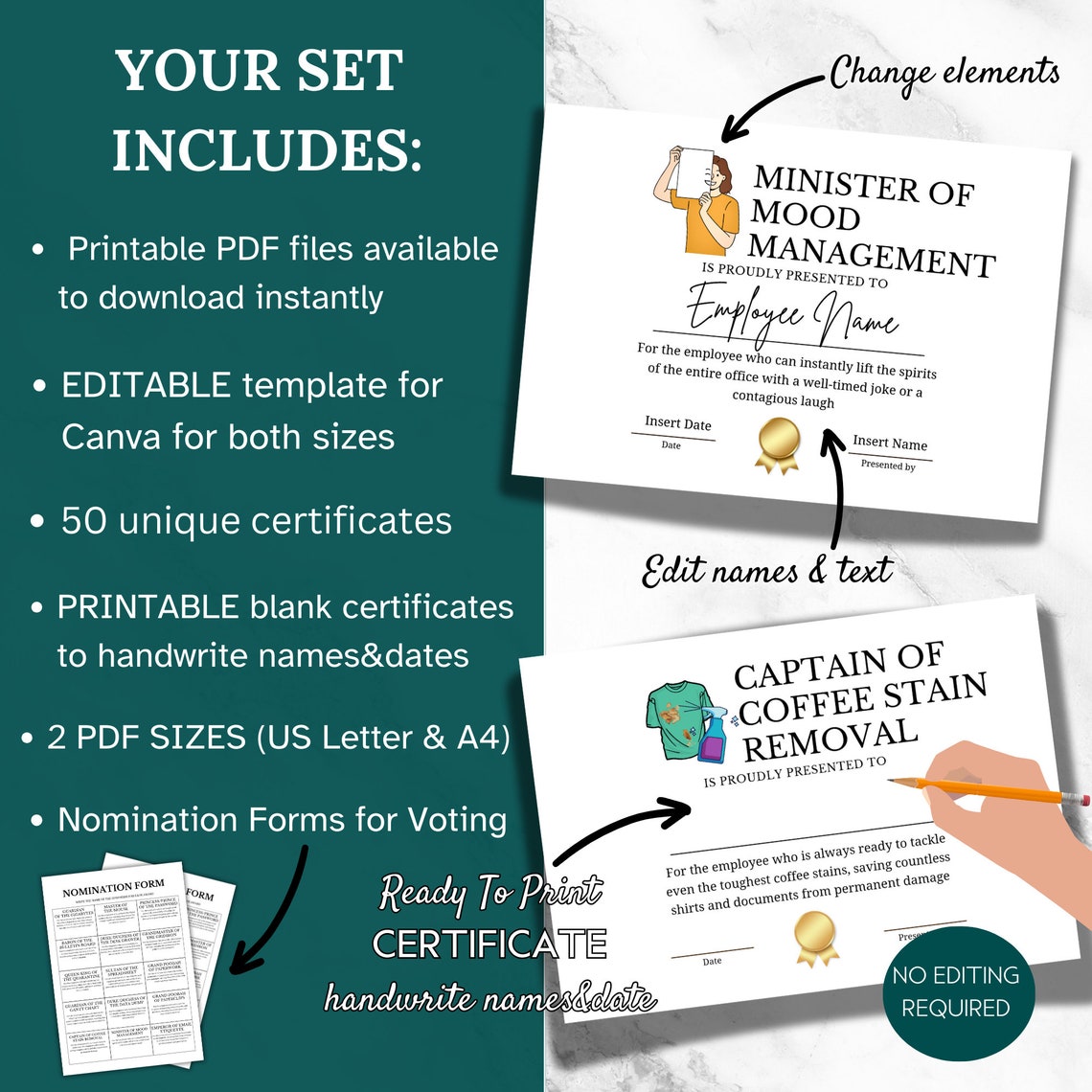 Funny Employee Appreciation Awards: Editable Certificates (digital ...