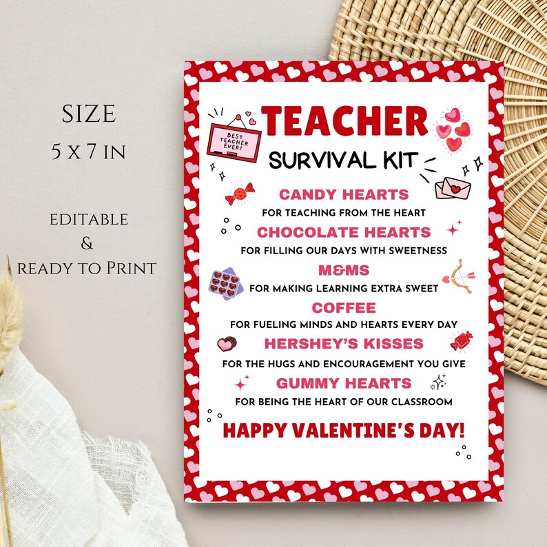 Editable Valentine Gift Tag for Teacher Valentine Survival Kit Tag ...