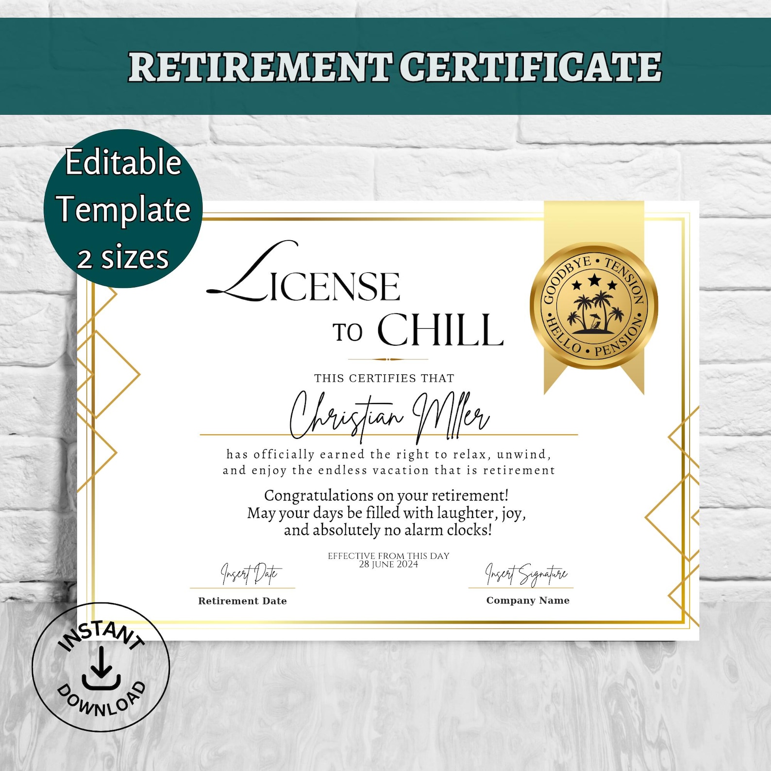 License to Chill Funny Retirement Certificate Editable Award Teacher ...