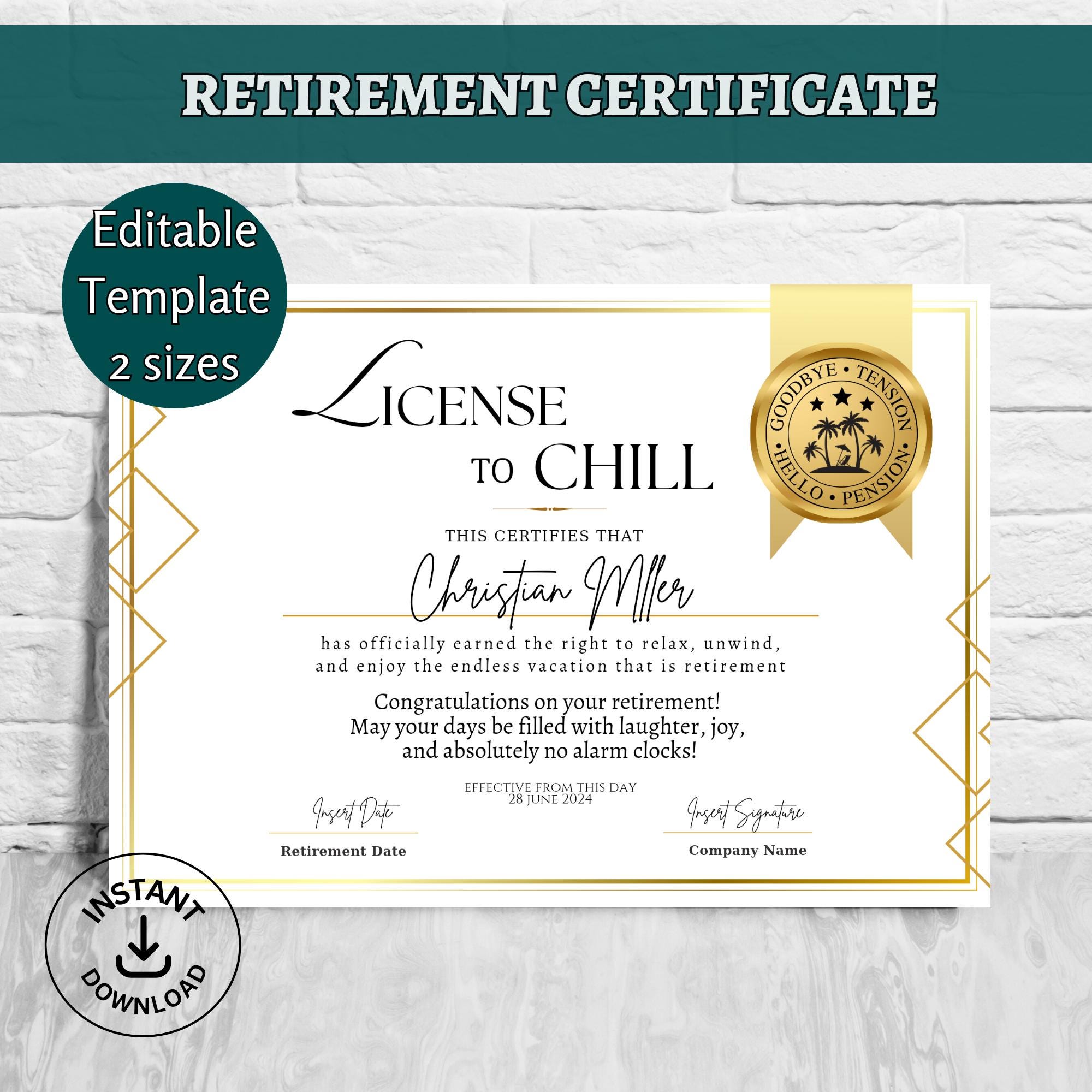 License to Chill Funny Retirement Certificate Editable Award Teacher ...