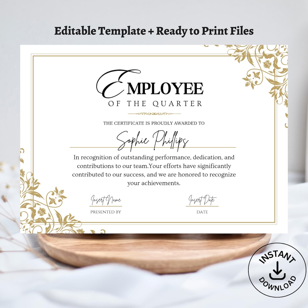 Editable Employee of the Quarter Award Years of Service Certificate of ...