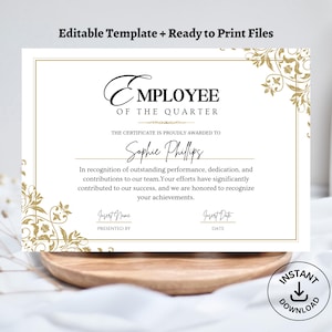 Editable Employee of the Quarter Award Years of Service Certificate of ...