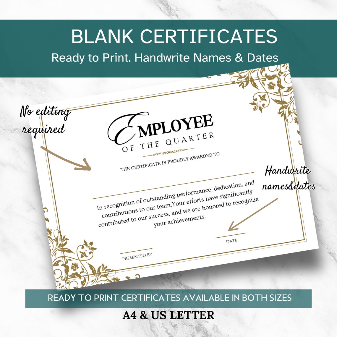 Editable Employee of the Quarter Award Years of Service Certificate of ...