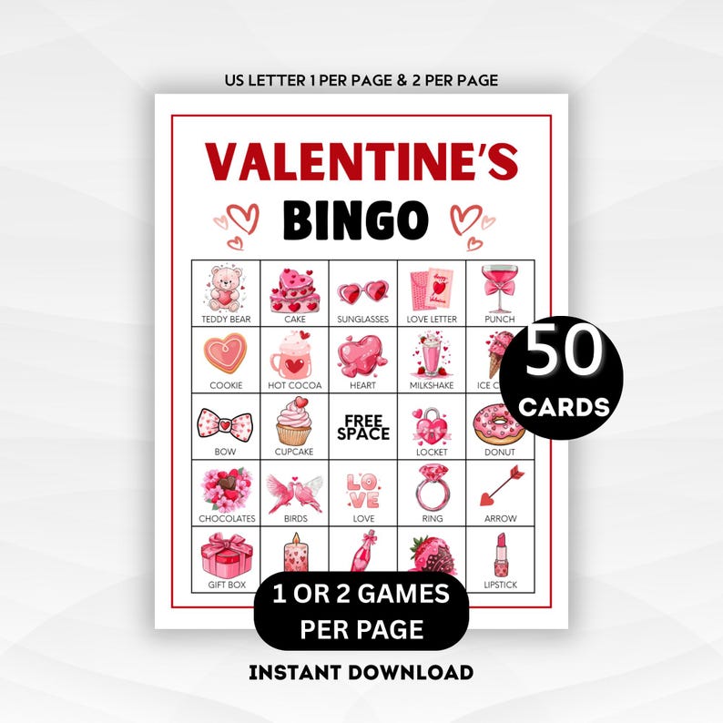 50 Valentine's Bingo Cards Printable Valentine Activity Work Valentines ...