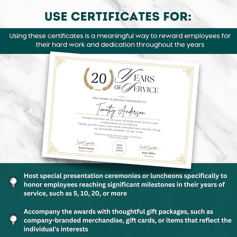 20 Years of Service Award Certificate of Achievement Personalized Retirement Gift Custom Award ...