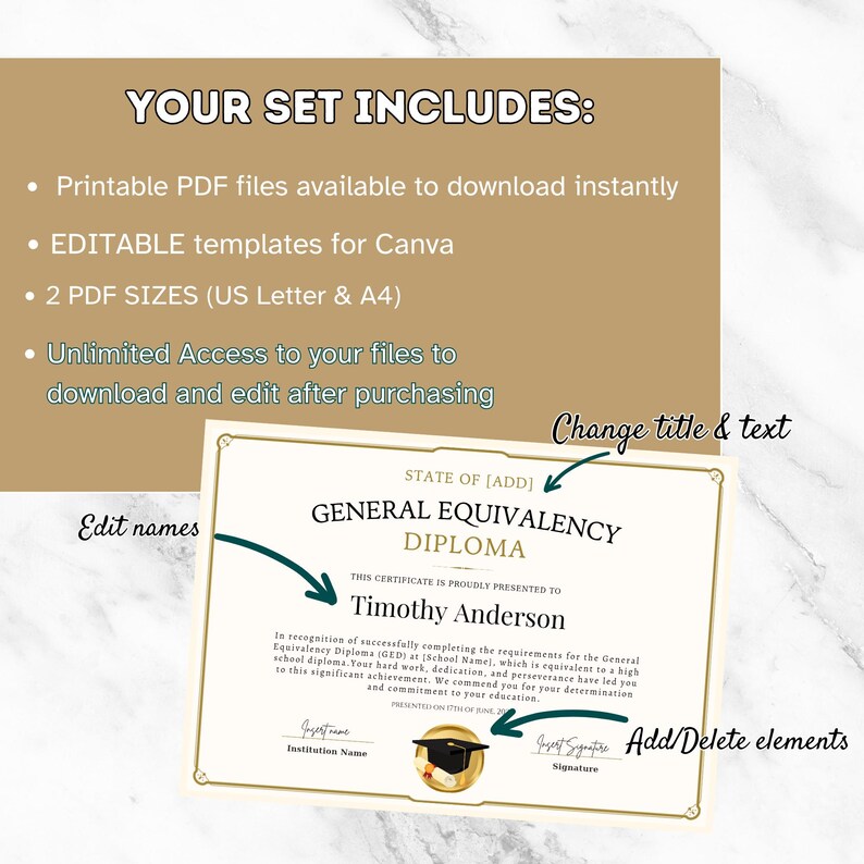 GED Diploma Certificate Template: High School Equivalency (digital ...