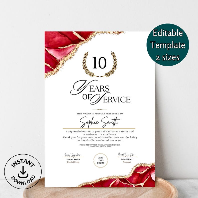 Years of Service Award Certificate Template Editable Printable Work ...