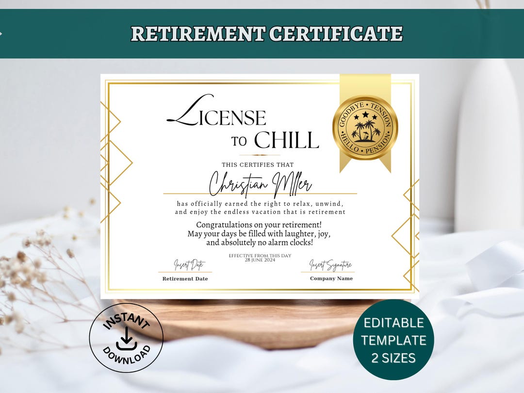 License to Chill Funny Retirement Certificate Editable Award Teacher ...
