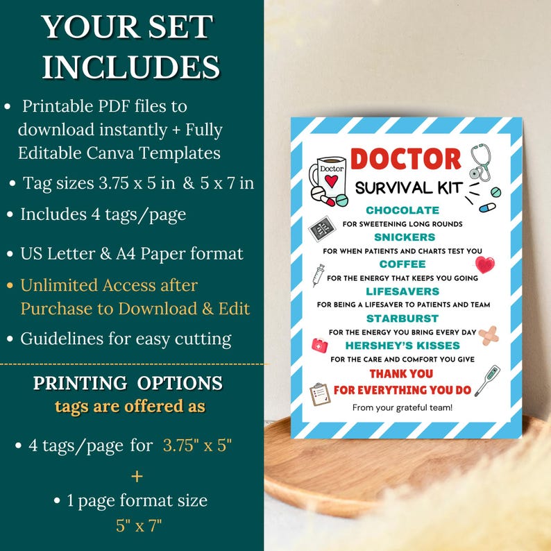 Editable Doctor Survival Kit Tag Medical Staff Appreciation Week Gift ...
