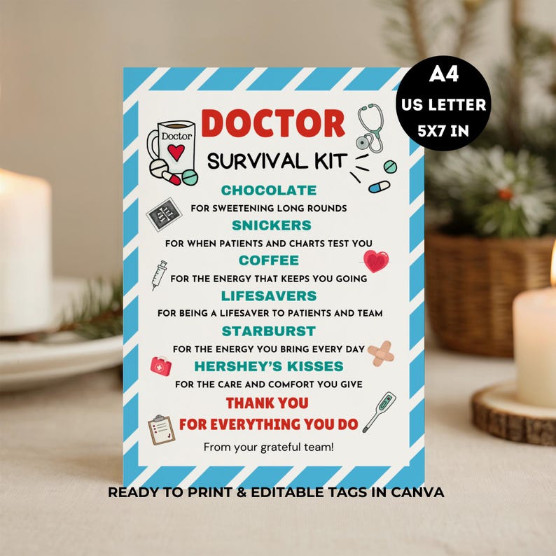 Editable Doctor Survival Kit Tag Medical Staff Appreciation Week Gift ...