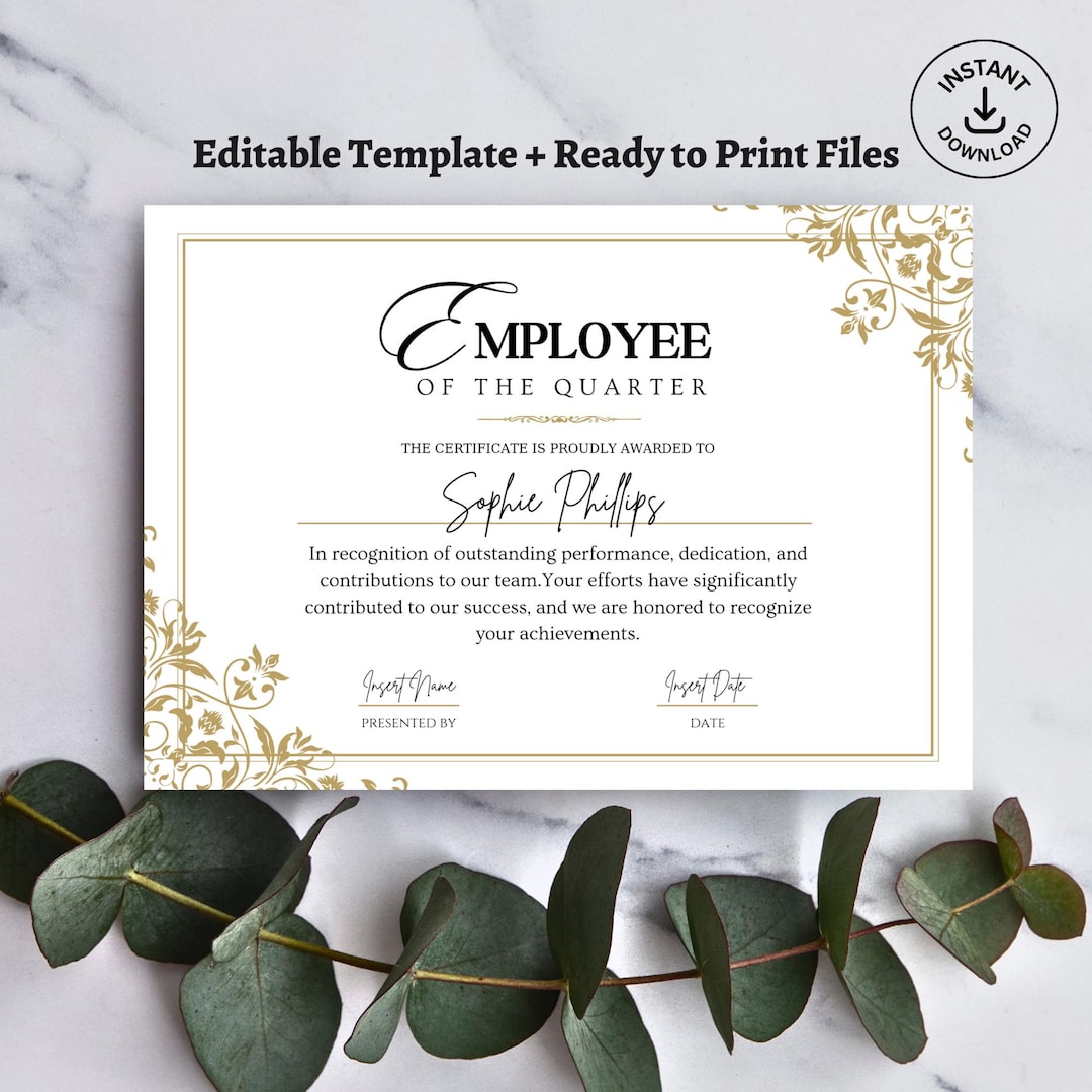 Editable Employee of the Quarter Award Certificate (digital Download ...