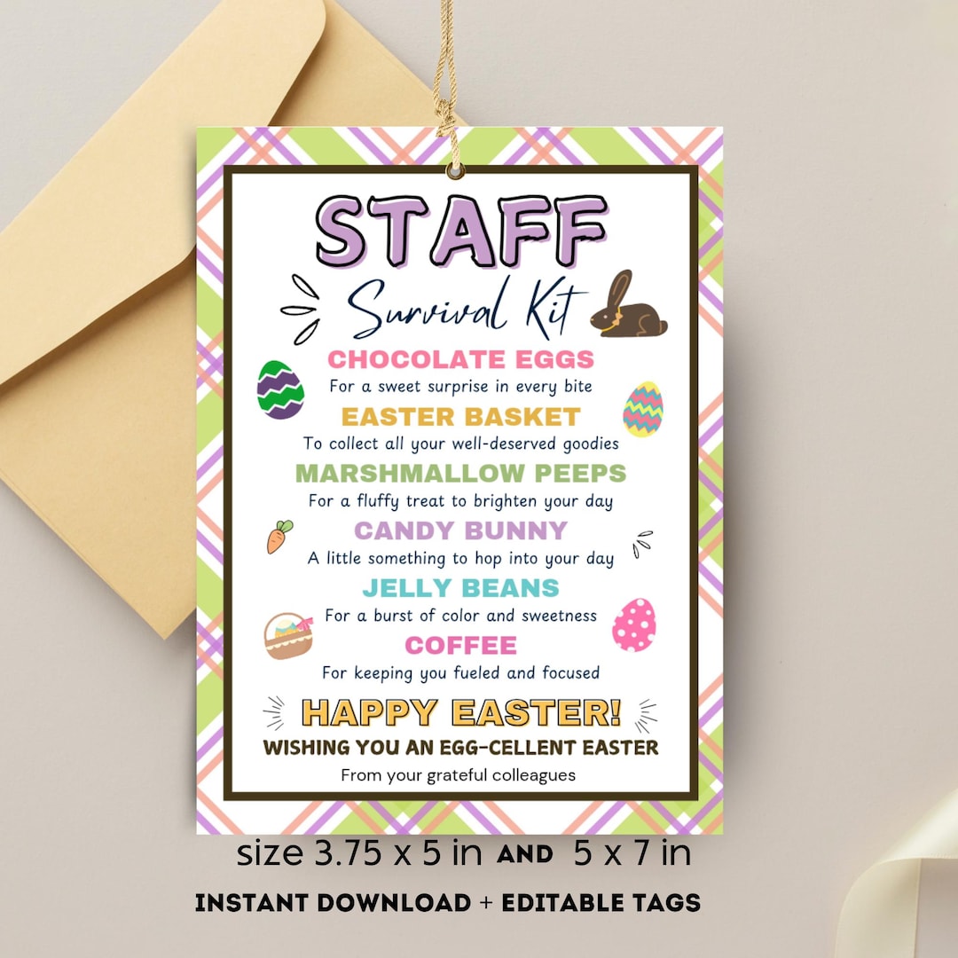 Staff Survival Kit Gift Tag Easter Printable Welcome Gift Editable ...